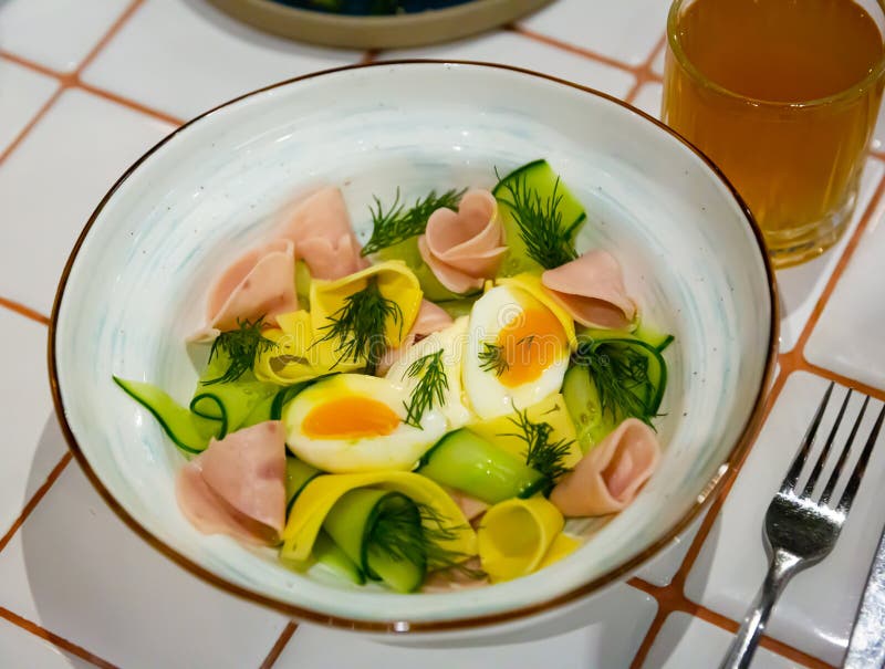 Salad with Ham, Cheese and Boiled Egg Stock Photo - Image of menu ...