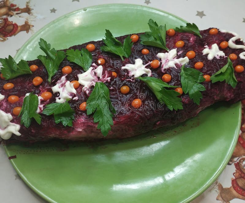 Salad Herring Under a Fur Coat Roll Stock Photo - Image of lunch, curry ...