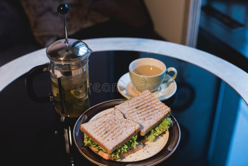 Salad and Hot Tea on the Table Stock Image - Image of closeup, herb ...