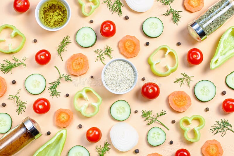 Salad Ingredients Layout. Food Pattern with Cherry Tomatoes, Cucumbers ...