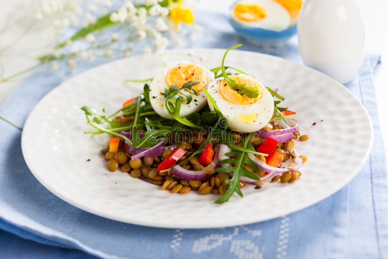 Salad with lentil and eggs stock image. Image of dinner - 37179867