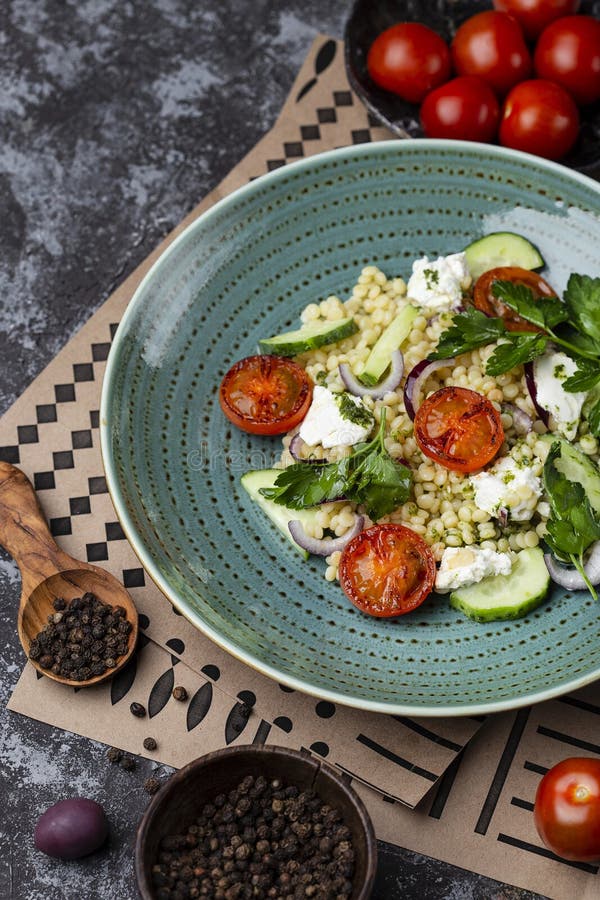 Salad Ptitim Pasta, Feta Cheese and Vegetables Stock Photo - Image of ...