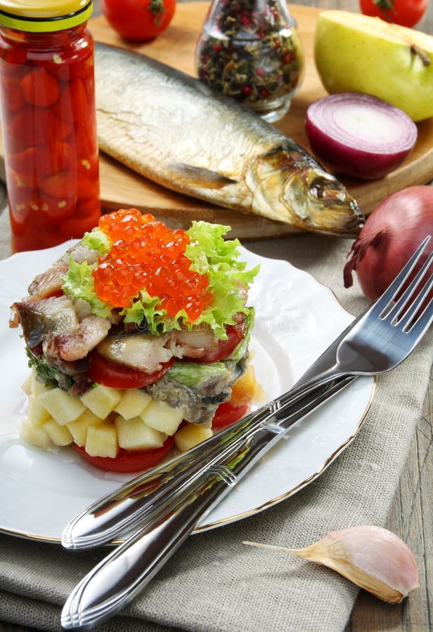 Salad with Smoked Herring and Salmon Roe. Stock Photo - Image of salty ...
