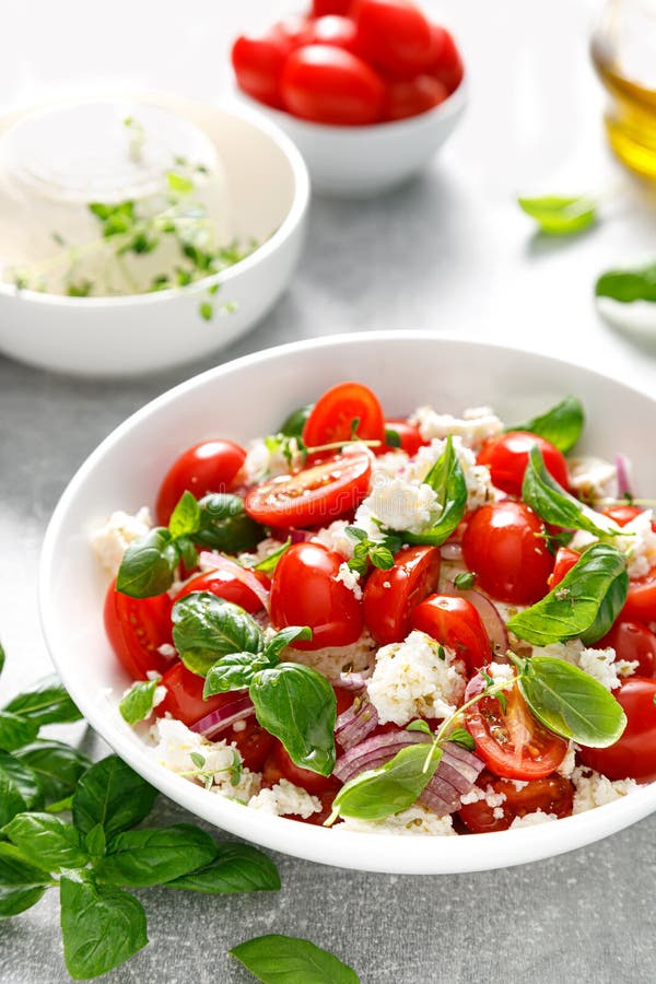 Salad with Tomato, Italian Ricotta Cheese and Basil Stock Image - Image ...