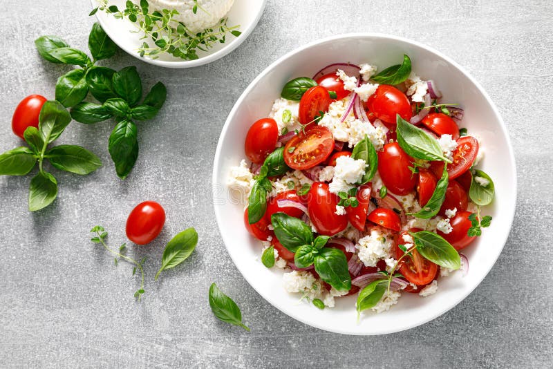 Salad with Tomato, Italian Ricotta Cheese and Basil Stock Photo - Image ...