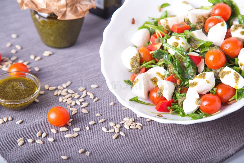 Salad with Vegetables, Greens and Mozzarella Stock Photo - Image of ...