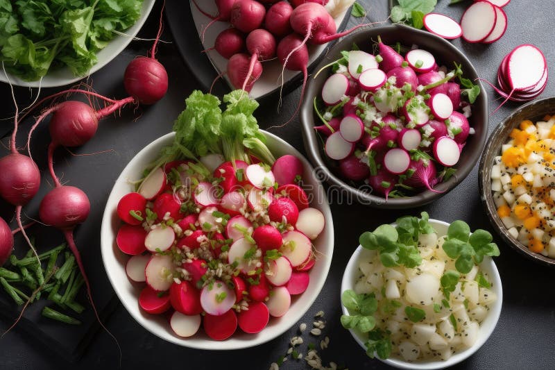 Salads with Different Types of Radishes, in Different Colors and Shapes ...