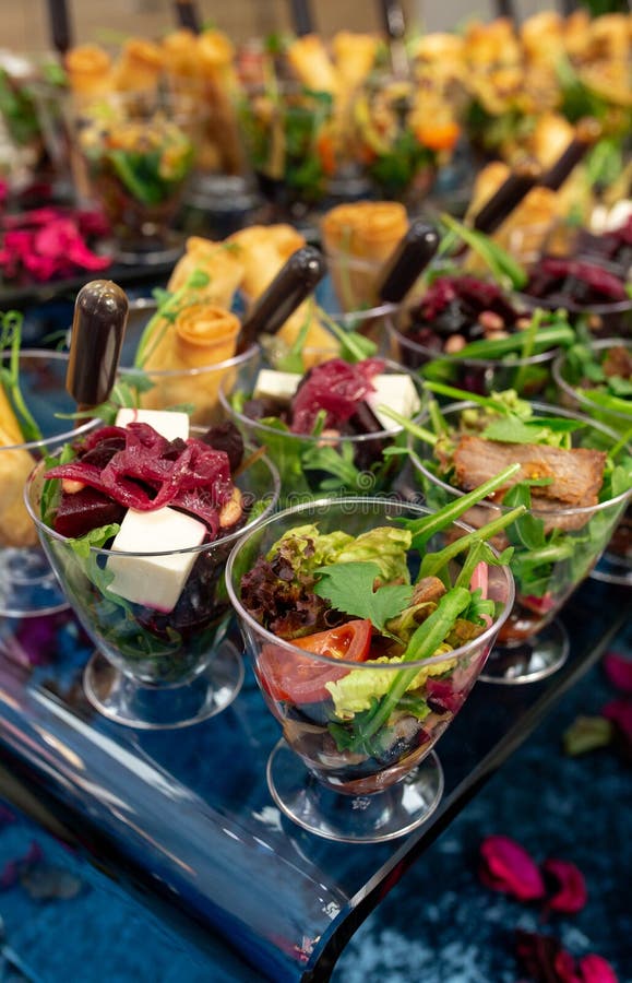 Snacks in Plastic Cups on the Buffet at the Event Stock Image - Image ...