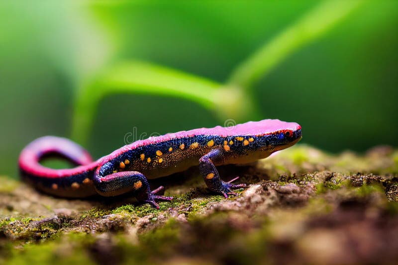 Salamander with Bright Pink Stripe on Its Back Pressed Against Stone ...