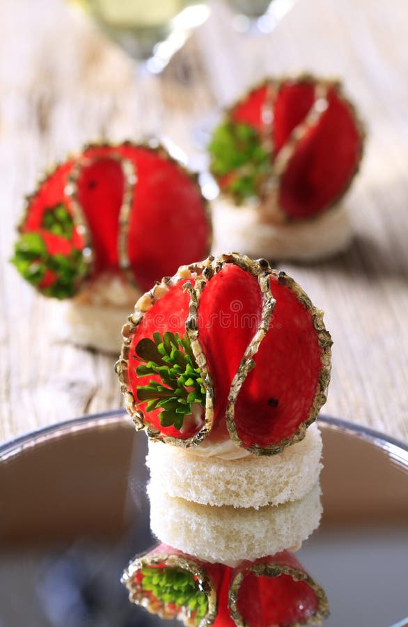 Salami canapes stock image. Image of butter, rustic, food - 15266973