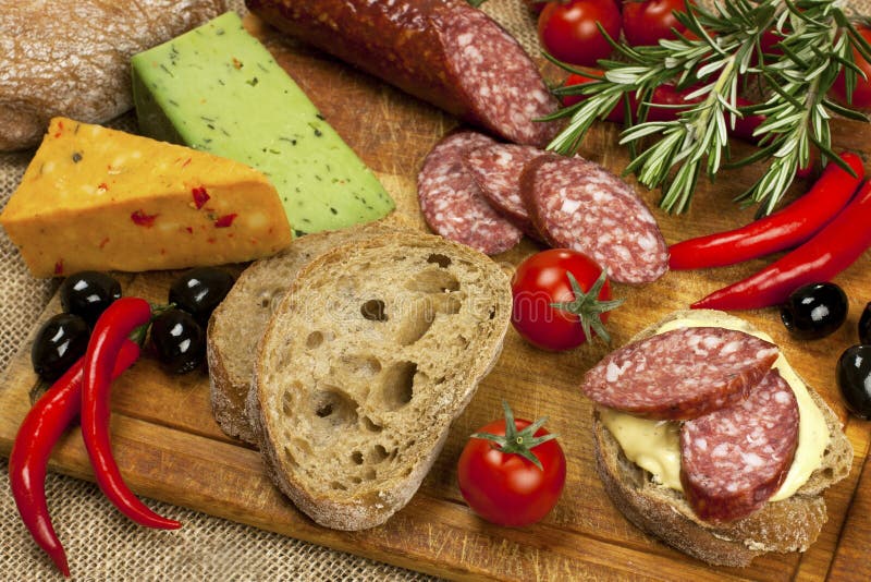 Salami and Cheese with Vegetable and Herbs Stock Photo - Image of ...