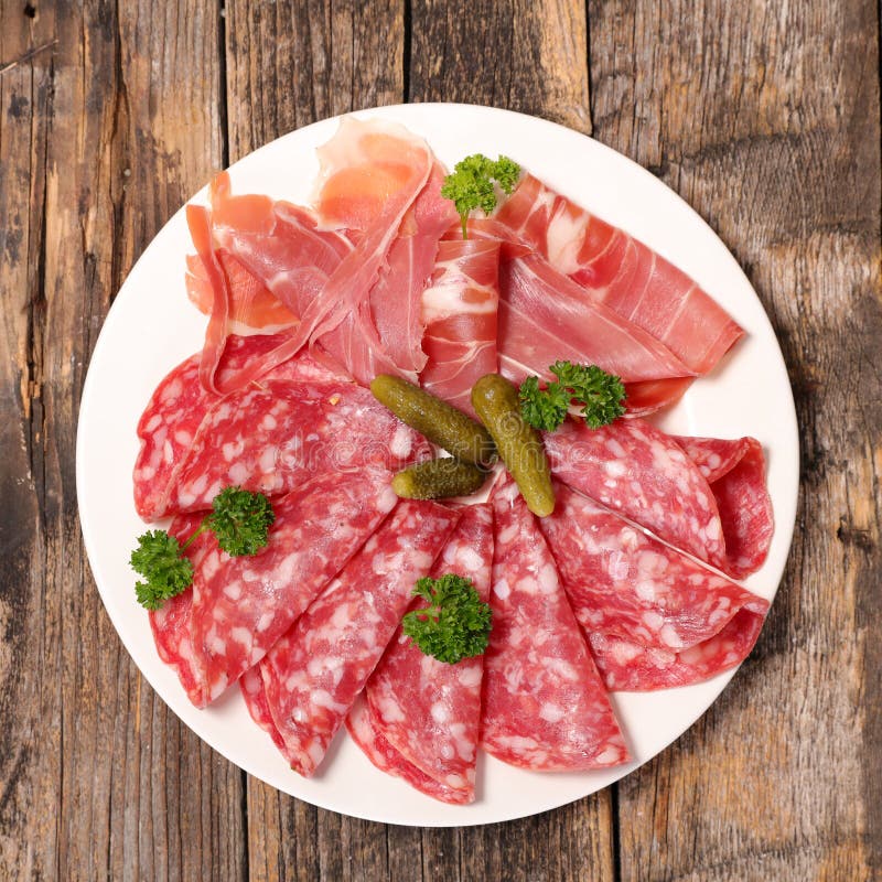 Salami and cured ham stock image. Image of appetizer - 77792873