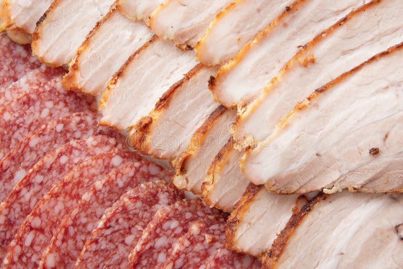 Salami and Ham Sliced in Thin Pieces Stock Image - Image of horizontal ...