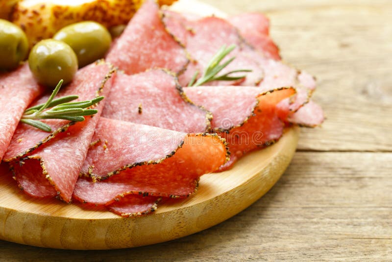 Salami Pepperoni with Aromatic Pepper Stock Photo - Image of slice ...