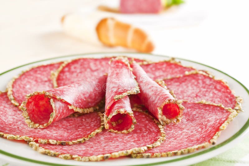 Salami plate close up. stock image. Image of bright, bread - 21146991