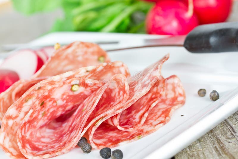 Salami on plate stock image. Image of closeup, sliced - 41981391