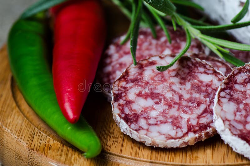 Salami with Red and Green Pepper Stock Photo - Image of dinner ...