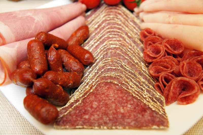 Salami sausages plate stock image. Image of tomatoe, kitchen - 17014839
