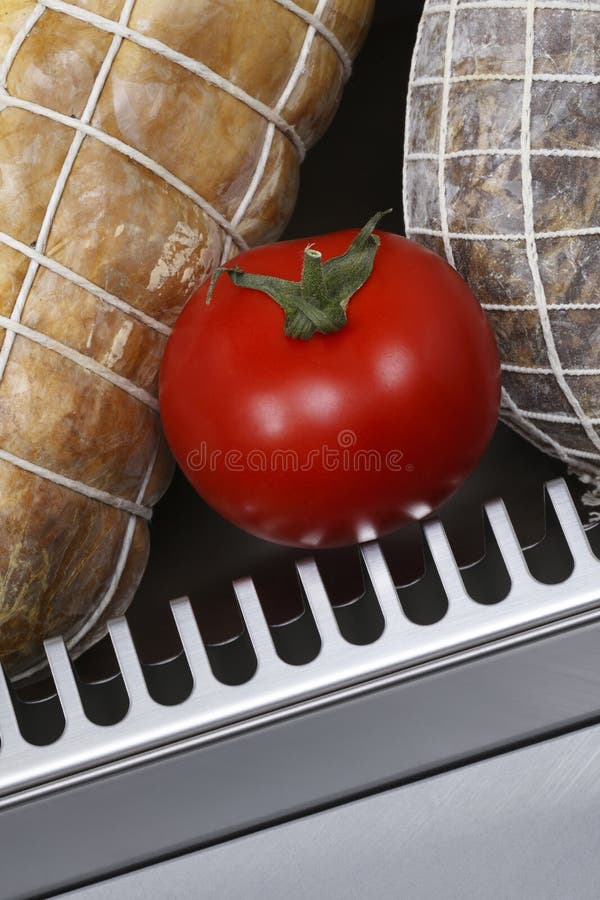 Salami, Sausages and Tomato in the Fridge Stock Image - Image of ...