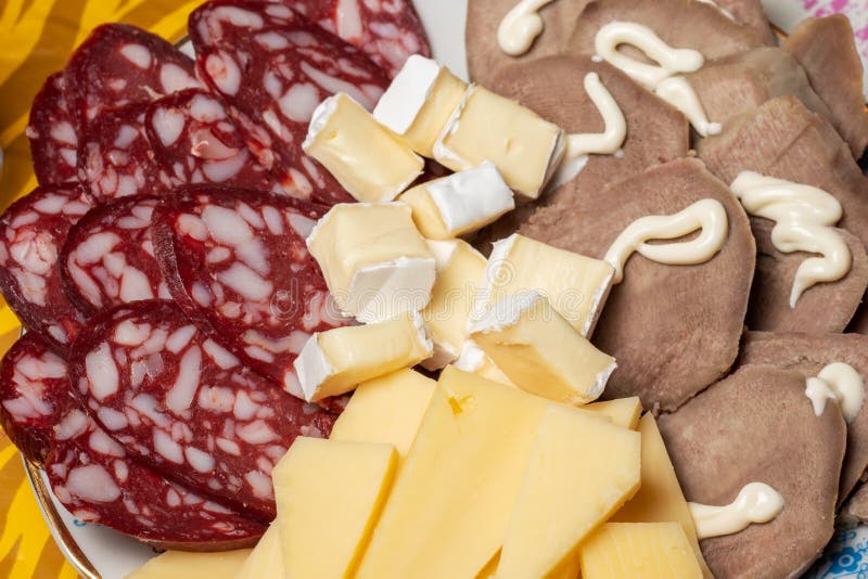 Salami Slice and Cheese and Beef Tongue on a the Plate Stock Image ...