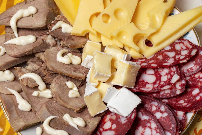 Salami Slice and Cheese and Beef Tongue on a the Plate Stock Photo ...