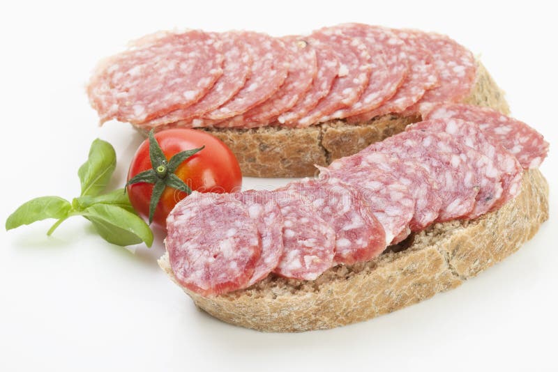 Salami Slices on Bread Slices Stock Image - Image of spicy, dried: 50496519