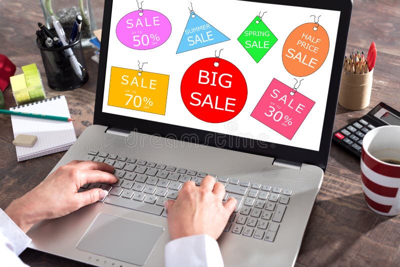 Sale Concept on a Laptop Screen Stock Photo - Image of hands, label ...