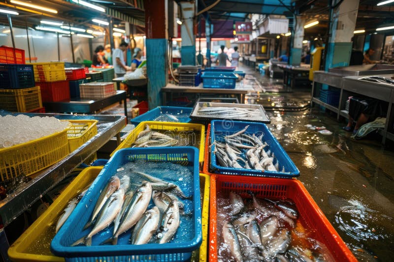 Sale of Fresh Fish at the Market Stock Illustration - Illustration of ...