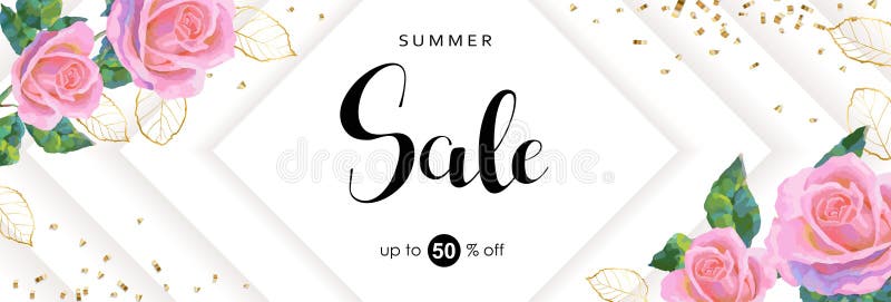 Sale Horizontal Banner with Pink Roses and Golden Elements Stock Vector ...