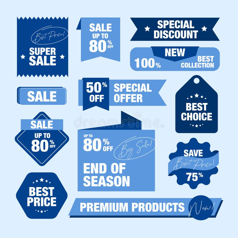 Sale and Discount Labels in Various Blue Shapes Vector Illustration ...