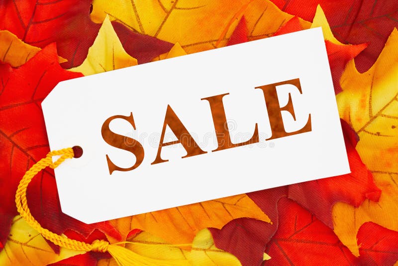 Sale Message on White Gift Tag on Fall Leaves Stock Image - Image of ...