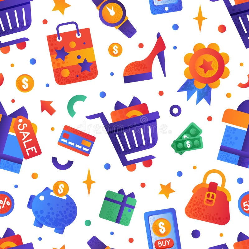 Sale and Shopping Flat and Colorful Icon Vector Seamless Pattern ...