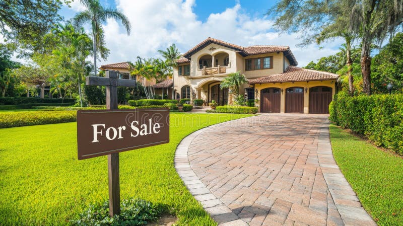 For Sale Sign in Front of a Luxurious Home with a Brick Driveway Stock ...