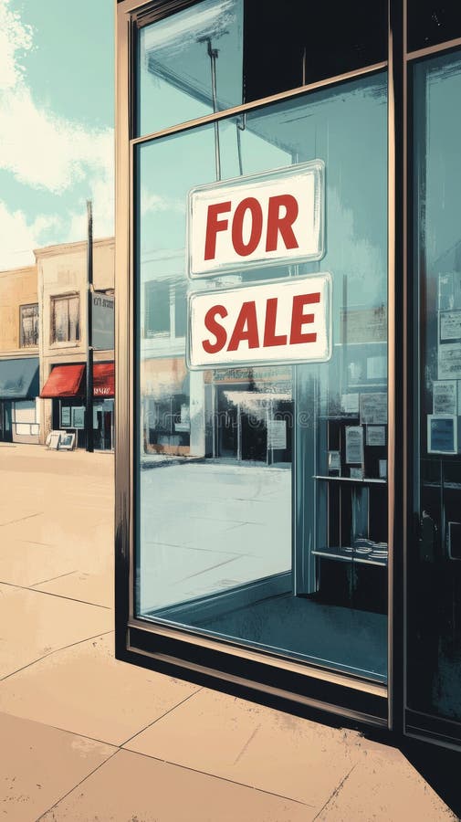 For Sale Sign Hanging in Window of Empty Storefront Stock Illustration ...