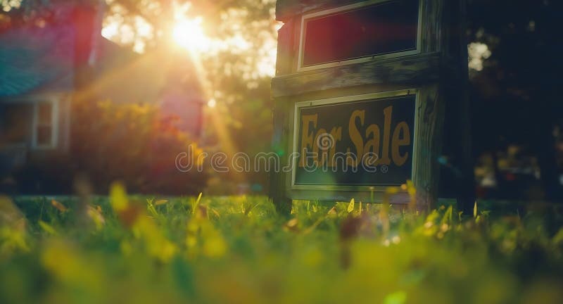 For Sale Sign on a Lawn in Front of a House Under Sunlight Stock ...