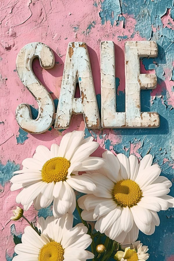 SALE Sign on a Rustic Blue Wall with White Daisies Stock Illustration ...
