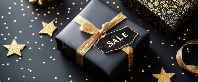 Sale Tags are Showcased Alongside a Gift Box on a Dark Background Stock ...