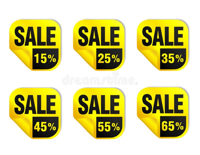 Sale Yellow Stickers Icon Set. Sale 15 , 25 , 35 , 45 , 55 , 65 Off ...