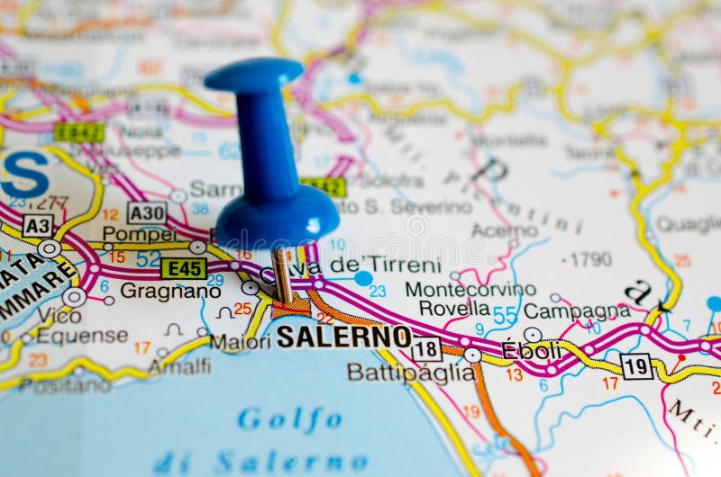 Salerno on map stock photo. Image of europe, cartography - 122929552
