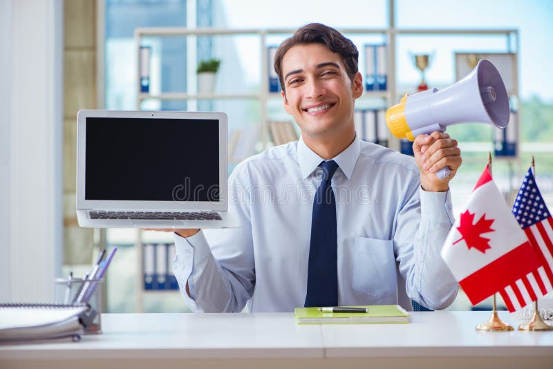 The Sales Agent Working in Travel Agency Stock Photo - Image of laptop ...