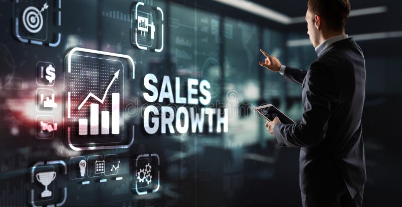 Sales Growth Man Clicks Inscription on Virtual 3D Screen Stock Photo ...