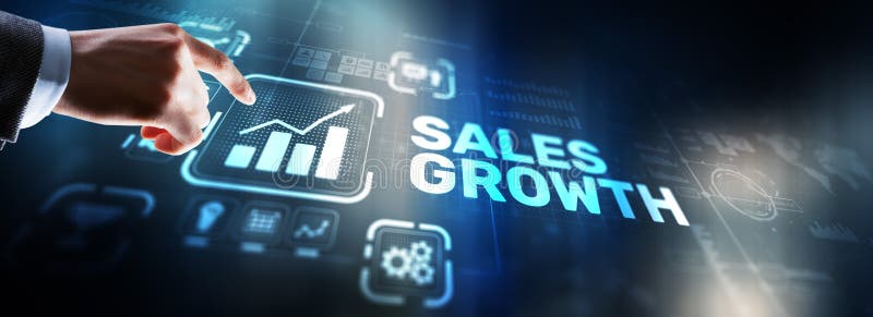 Sales Growth Man Clicks Inscription on Virtual 3D Screen Stock ...