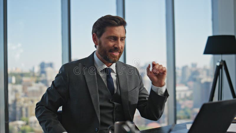 Sales Man Talking Web Conference in Panoramic Office. Smiling Manager ...