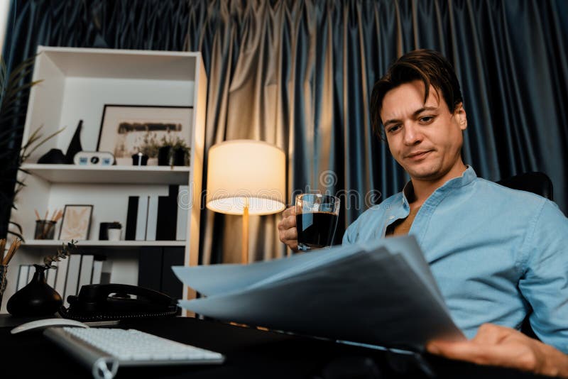 Sales Manager Working on Pc while Drinking Coffee. Pecuniary. Stock ...