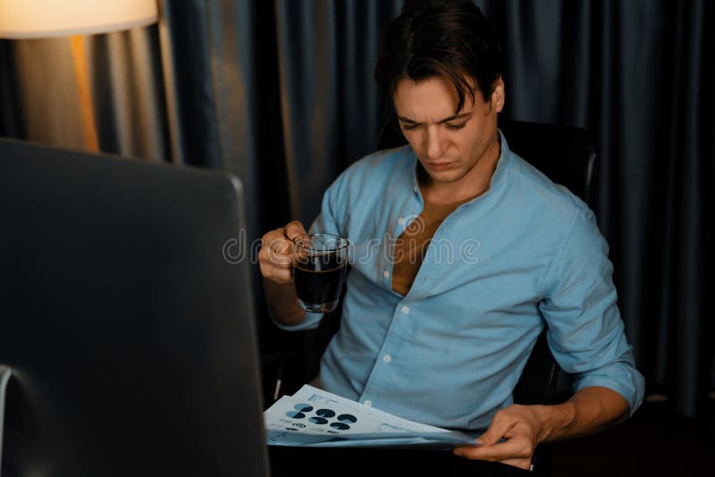 Sales Manager Working on Pc while Drinking Coffee. Pecuniary. Stock ...