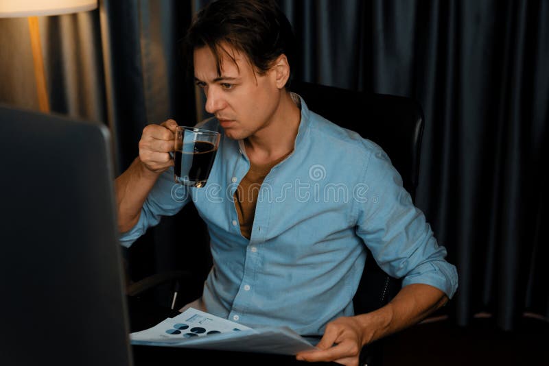 Sales Manager Working on Pc while Drinking Coffee. Pecuniary. Stock ...