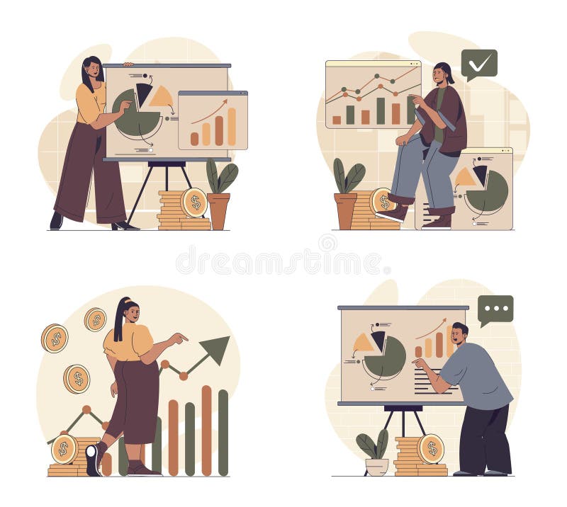 Sales Performance Concept Scenes Set in Flat Web Design. People in Situations of Making Finance ...