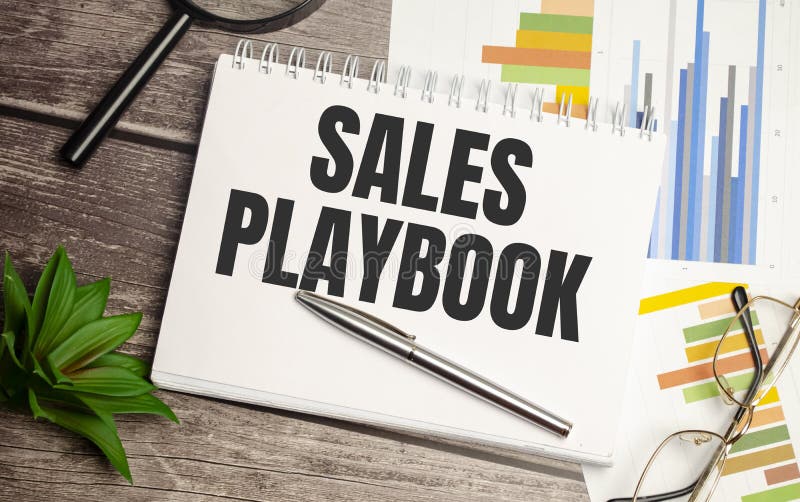 Sales Playbook Words on Notepad with Magnifying Glass and Charts Stock ...