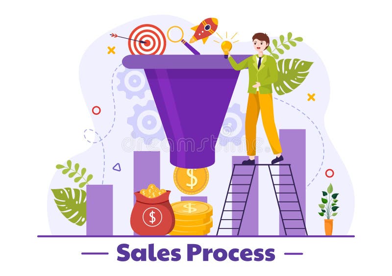 Sales Process Vector Illustration with Steps of Communication for ...