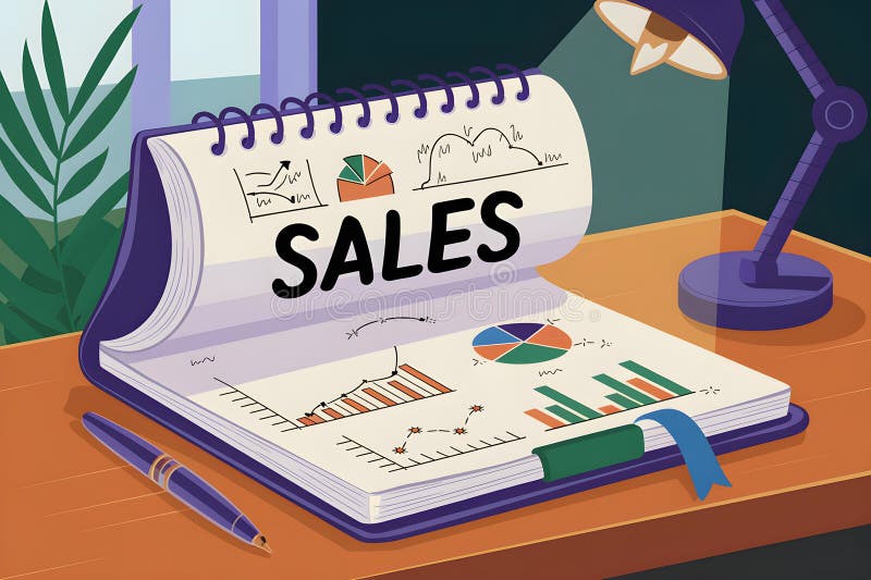 Sales Report with Charts and Graphs Illuminated by Desk Lamp Stock ...